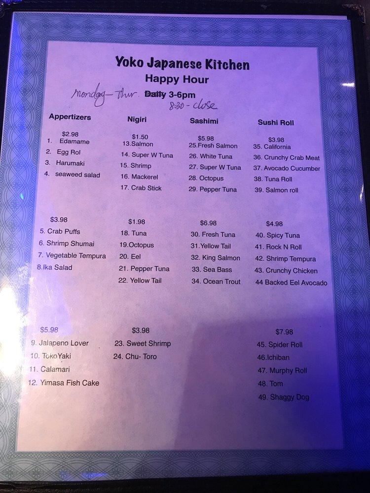 Menu at Yoko Japanese Kitchen restaurant, Cypress