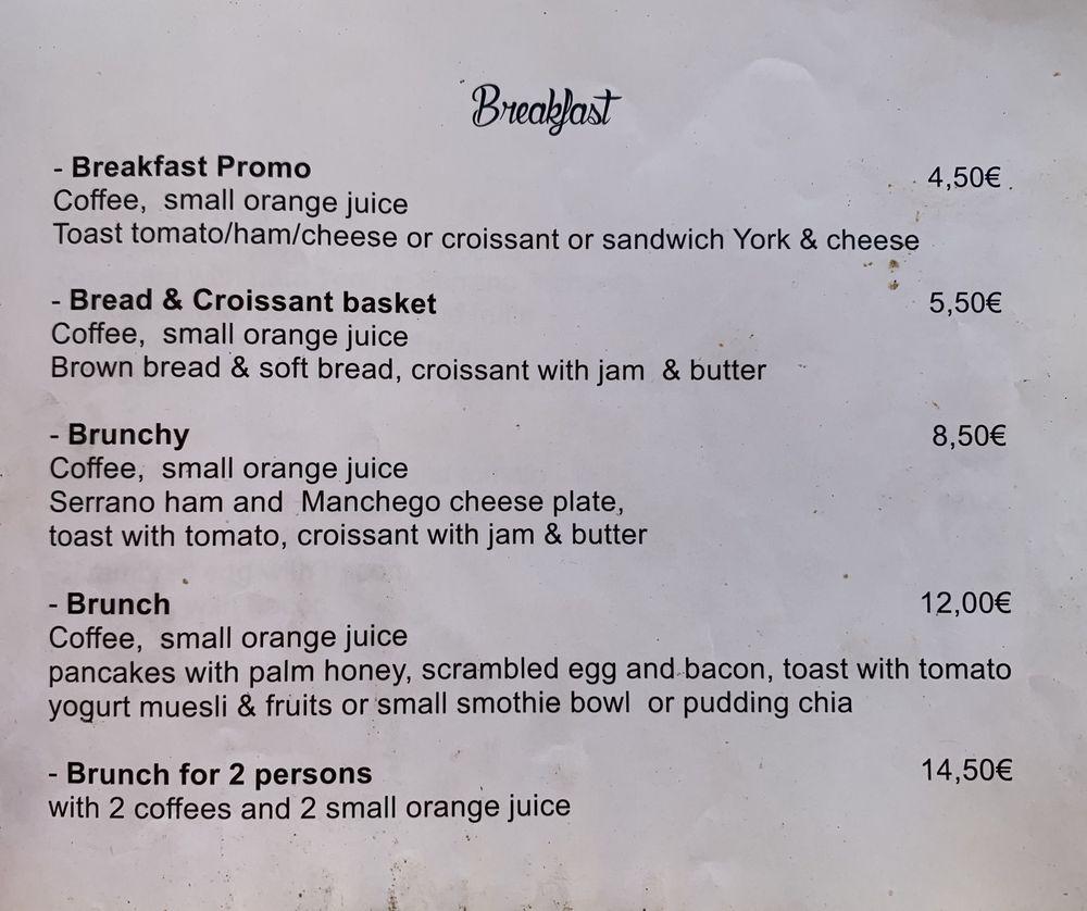 Menu at Bliss Café, El Médano
