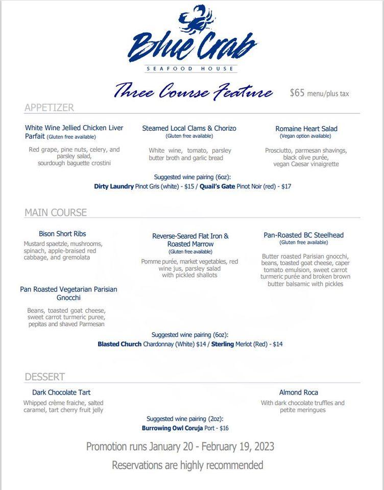 Menu at Blue Crab Seafood House restaurant, Victoria, 146 Kingston St