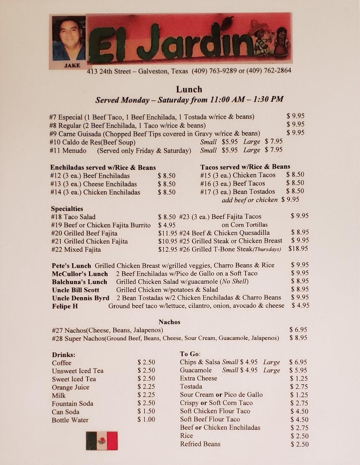 Menu at El Jardin Mexican Cafe, Galveston