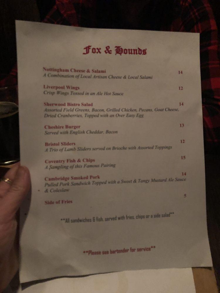 Menu at Fox & Hounds Tavern pub & bar, Clayton