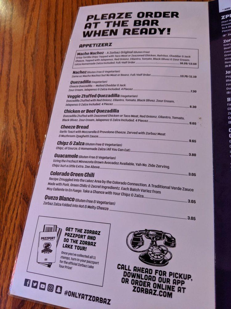 Menu at Zorbaz pub & bar, Spicer