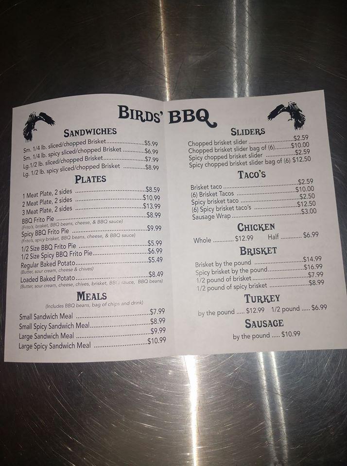 Menu at Birds BBQ, Burnet