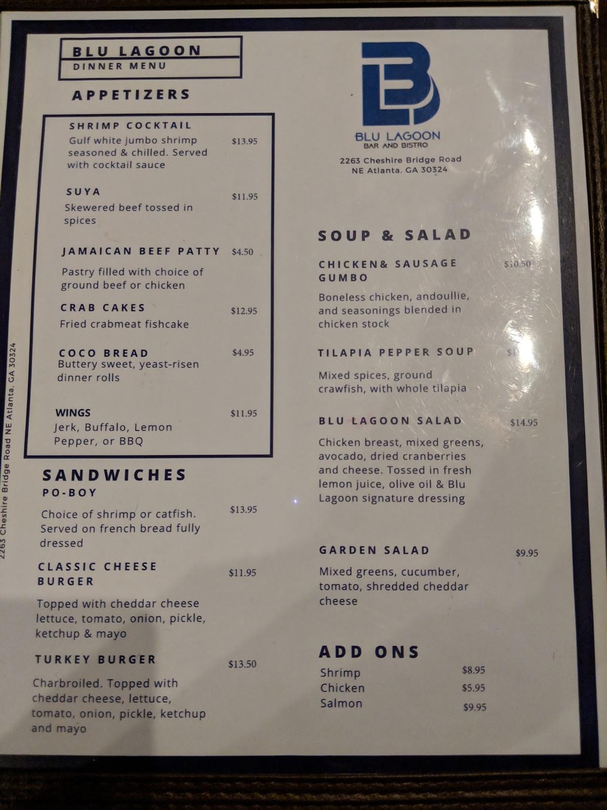 Menu at Blu Lagoon Bar and Bistro, Atlanta