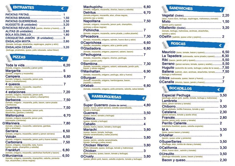 Menu at Pizzeria El Guerrero Abaran, Abarán