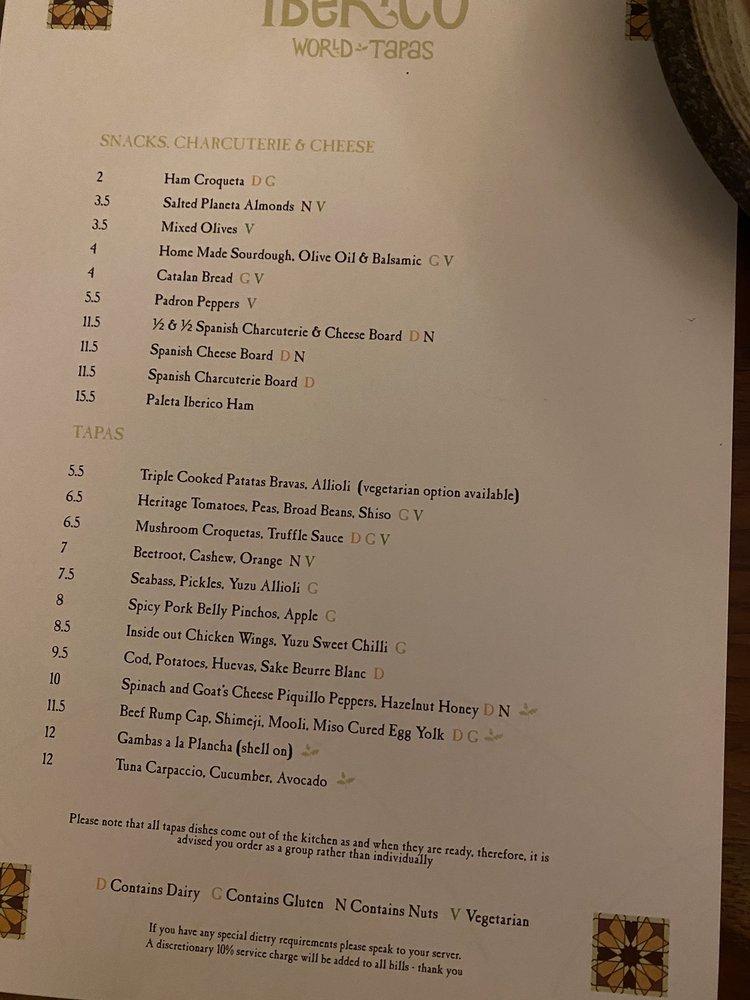 Menu at Iberico World Tapas restaurant, Nottingham