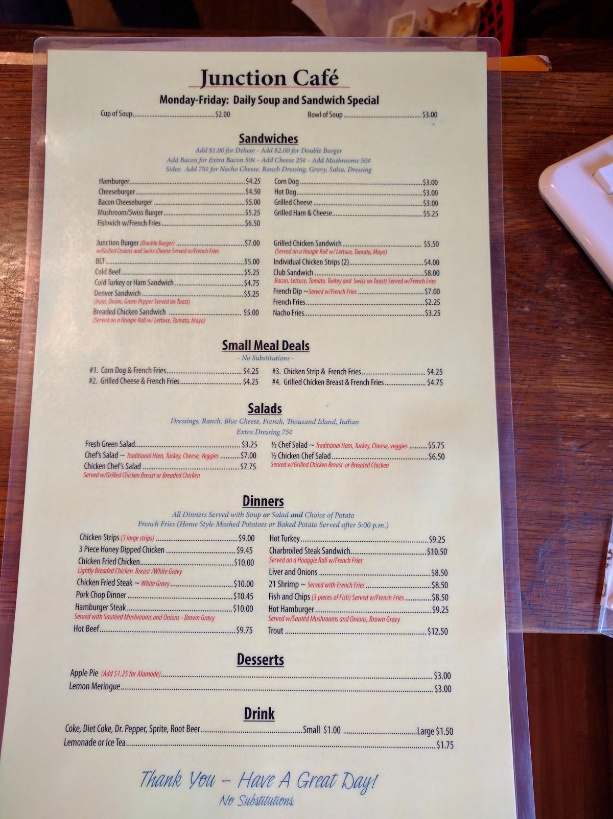 Menu at Junction Cafe, Browning