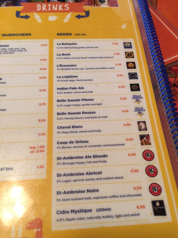 Menu at La Banquise restaurant, Montreal