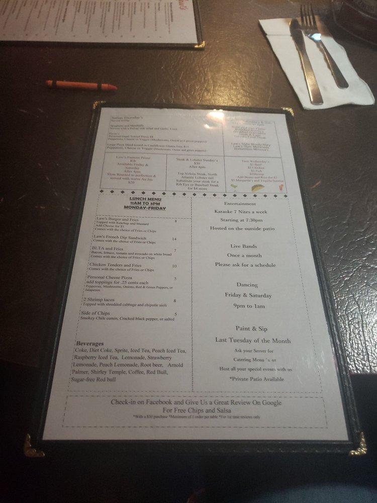 Menu at Law's Restaurant, Riverside
