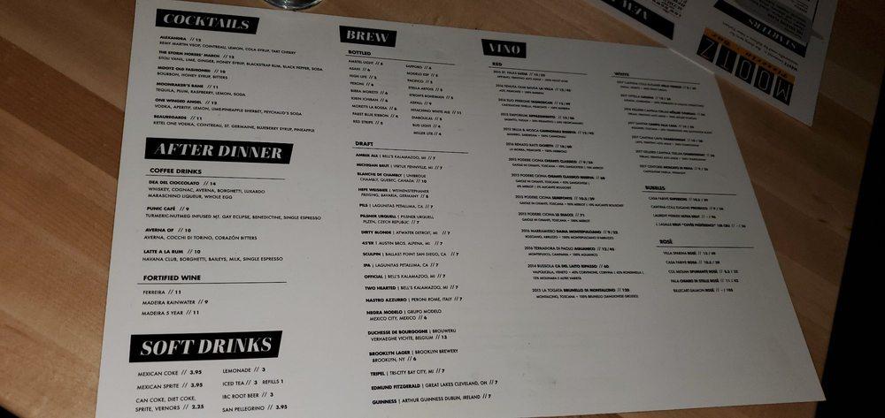 Menu at Mootz Pizzeria + Bar, Detroit