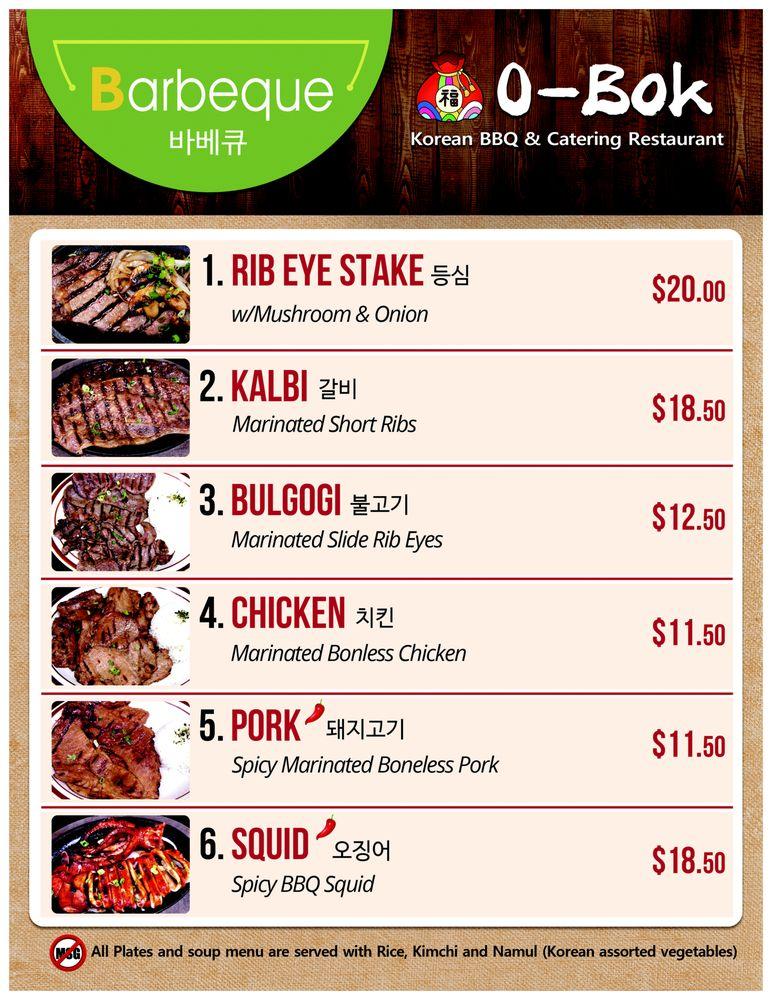 Menu at O-Bok korean Restaurant, Honolulu