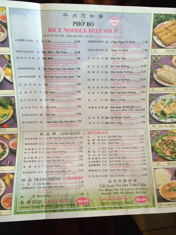 Menu at Pho Da Nang restaurant, South Amboy