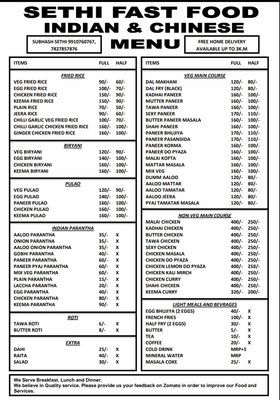 Menu at Sethi Fast Food, New Delhi, Qutub institutional area