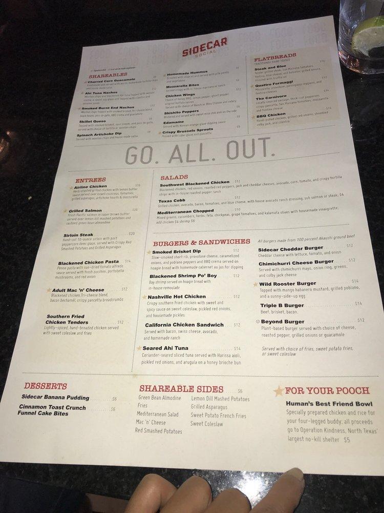 Carta del pub y bar Sidecar Social Addison, Dallas