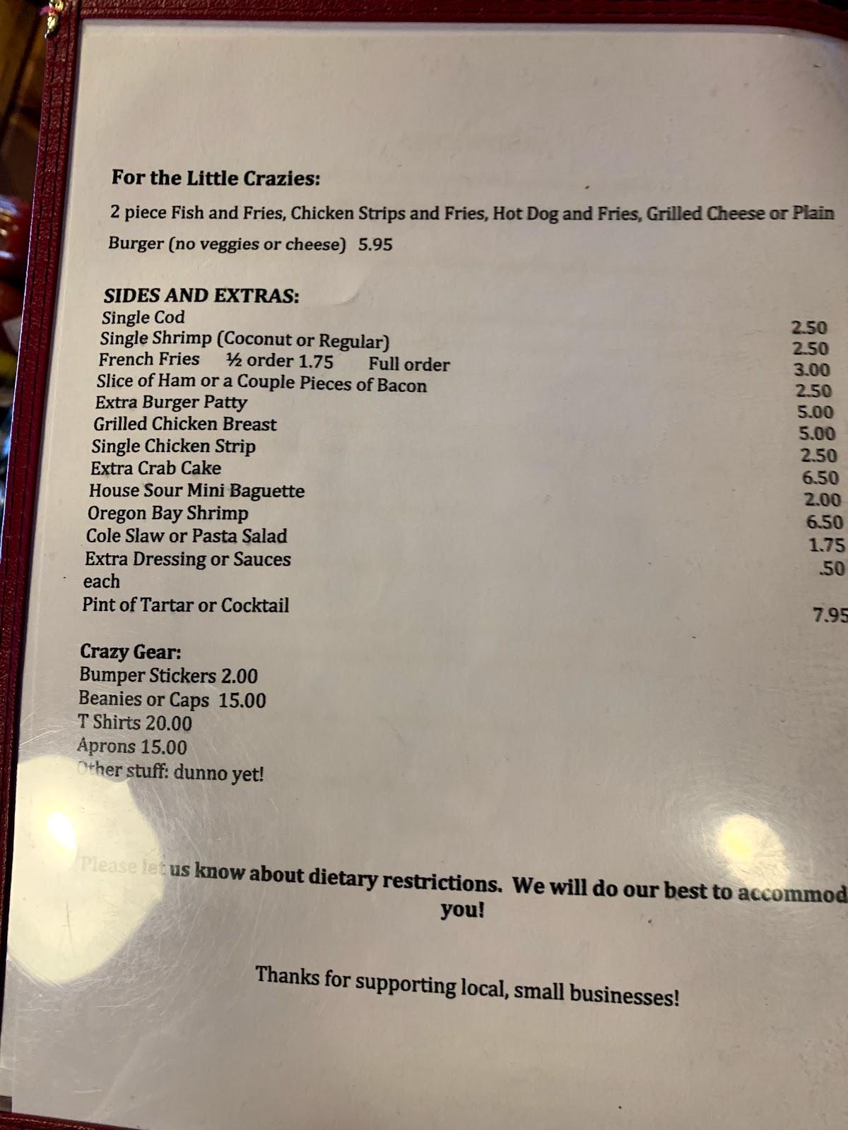 Menu at The Crazy Norwegian's Fish & Chips restaurant, Port Orford