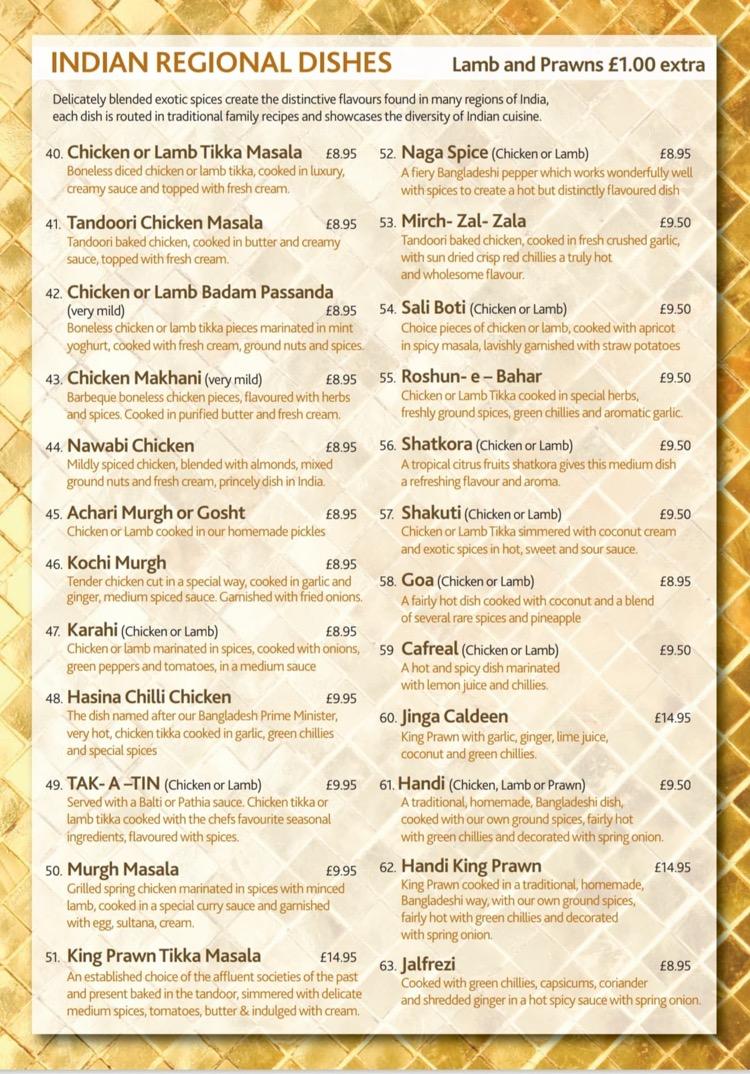 Menu at The Golden curry restaurant, The Mumbles