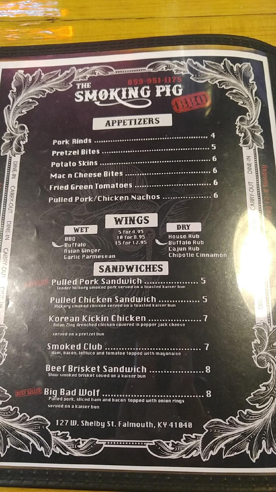 Menu at The Smoking Pig Tavern BBQ, Falmouth