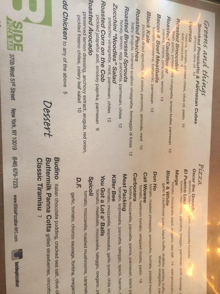 Menu at B Side Pizza Bar, West New York, 370 W 51st St