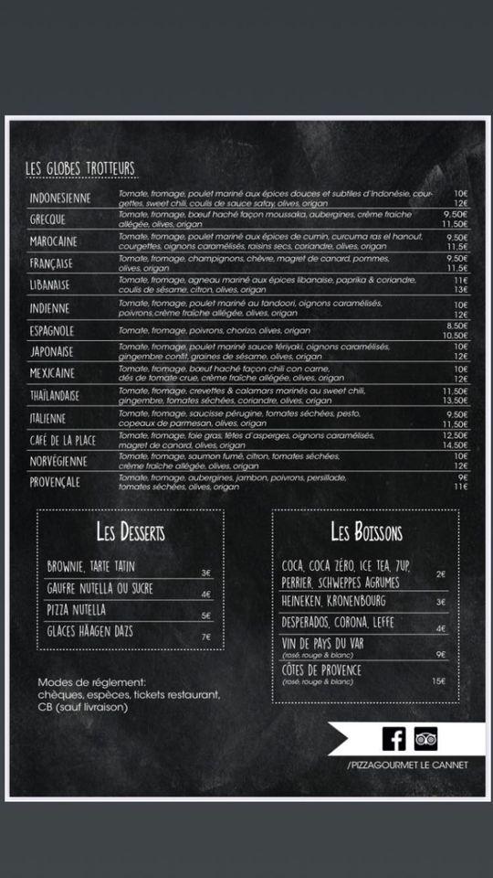 Menu at Pizza Gourmet restaurant, Le Cannet