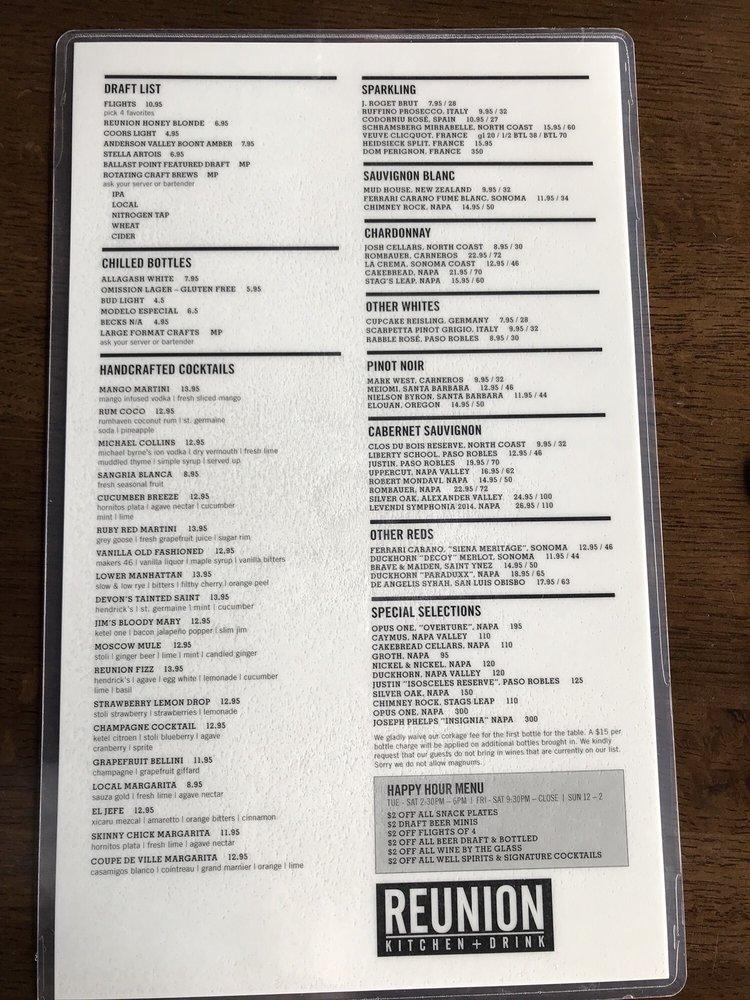 Menu at Reunion Kitchen + Drink restaurant, Laguna Beach