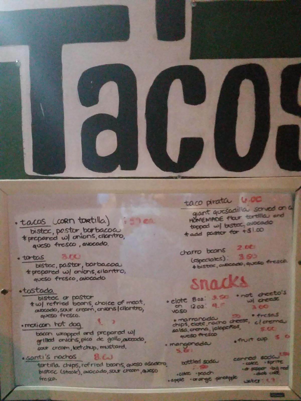Menu at Santi's Tacos restaurant, San Marcos