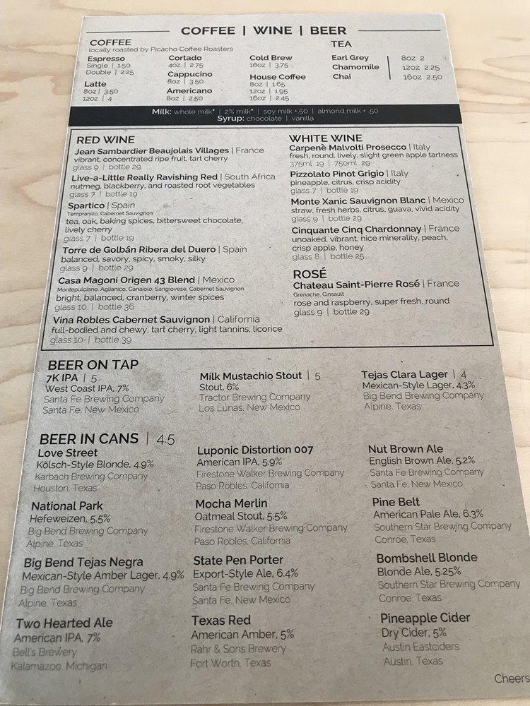 Menu at Savage Goods cafe, El Paso