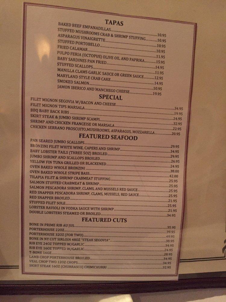 Menu at Segovia Restaurant, Moonachie