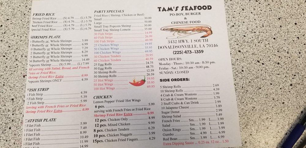 Menu at Tam's Seafood restaurant, Donaldsonville