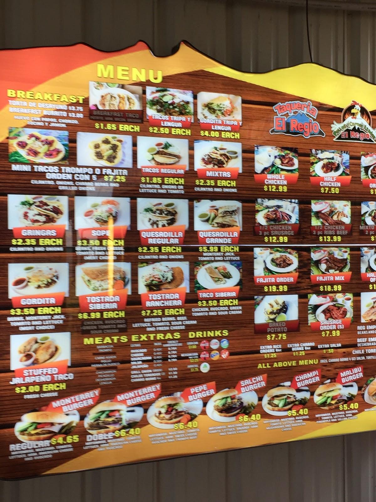 Menu at Taqueria Y Pollo Asados El Regio restaurant, Crosby