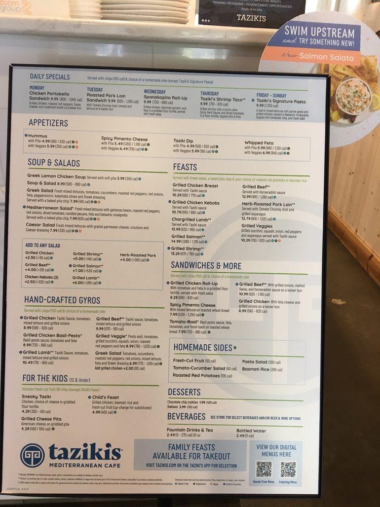 Menu at Taziki's Mediterranean Cafe - St. Matthews, Louisville, 106 ...