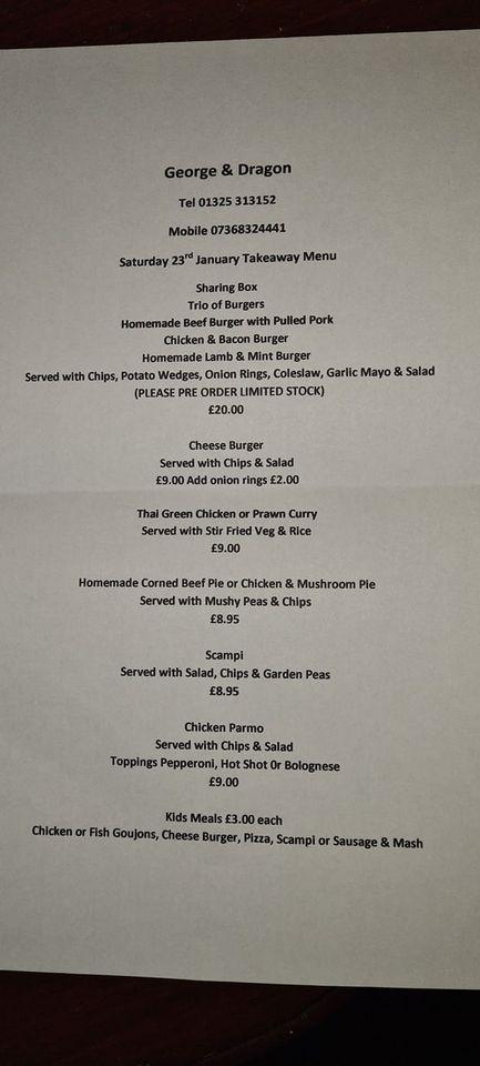 Menu at The George & Dragon pub & bar, Newton Aycliffe