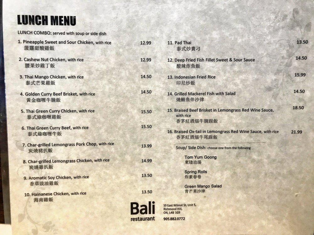 Menu at Bali Restaurant, Richmond Hill