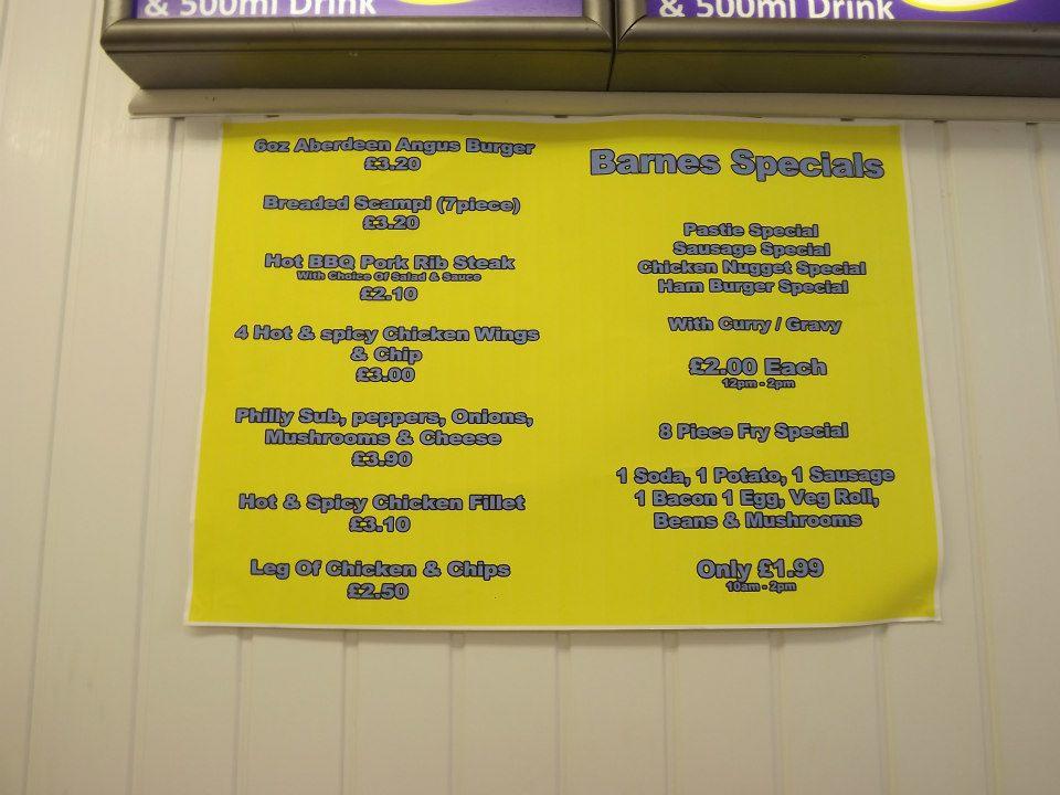 Menu at Barnes Chip Shop, Belfast
