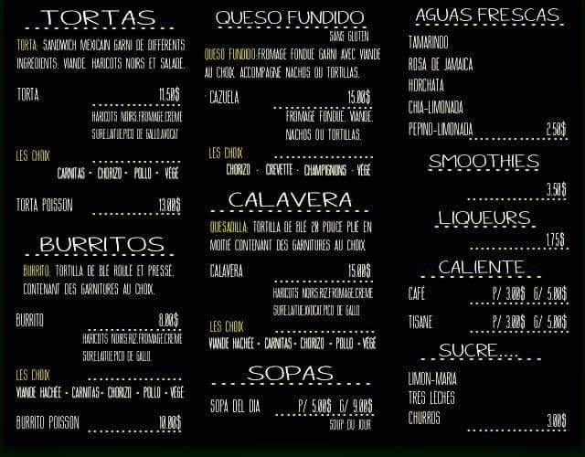 Menu au Calaveras restaurant, Montréal, Rue Beaubien E