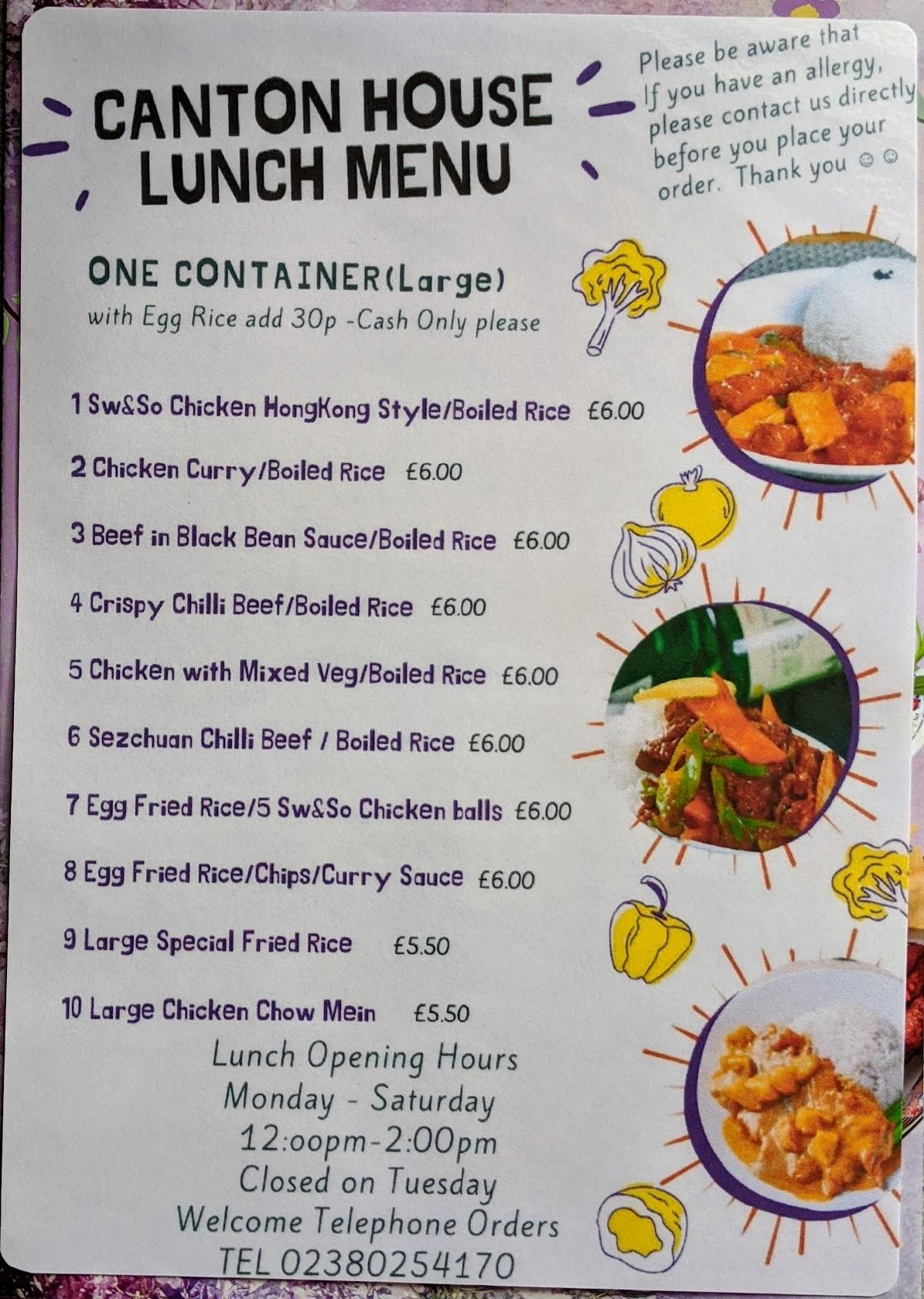Menu at Canton House fast food, Chandler's Ford