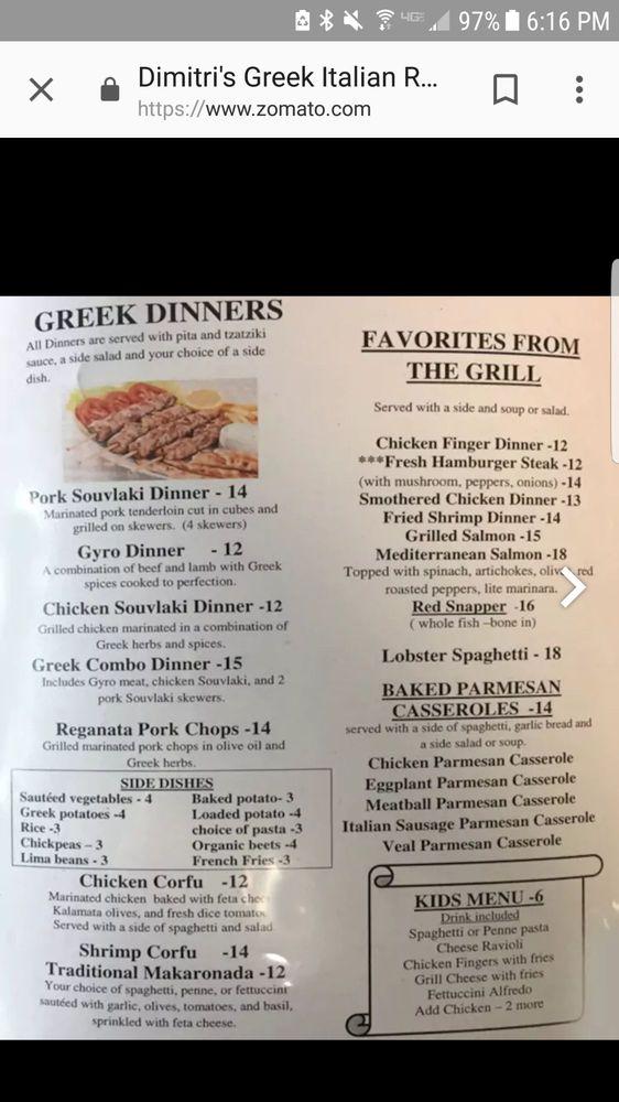 Menu at Dimitri's Greek Italian Restaurant, Greer