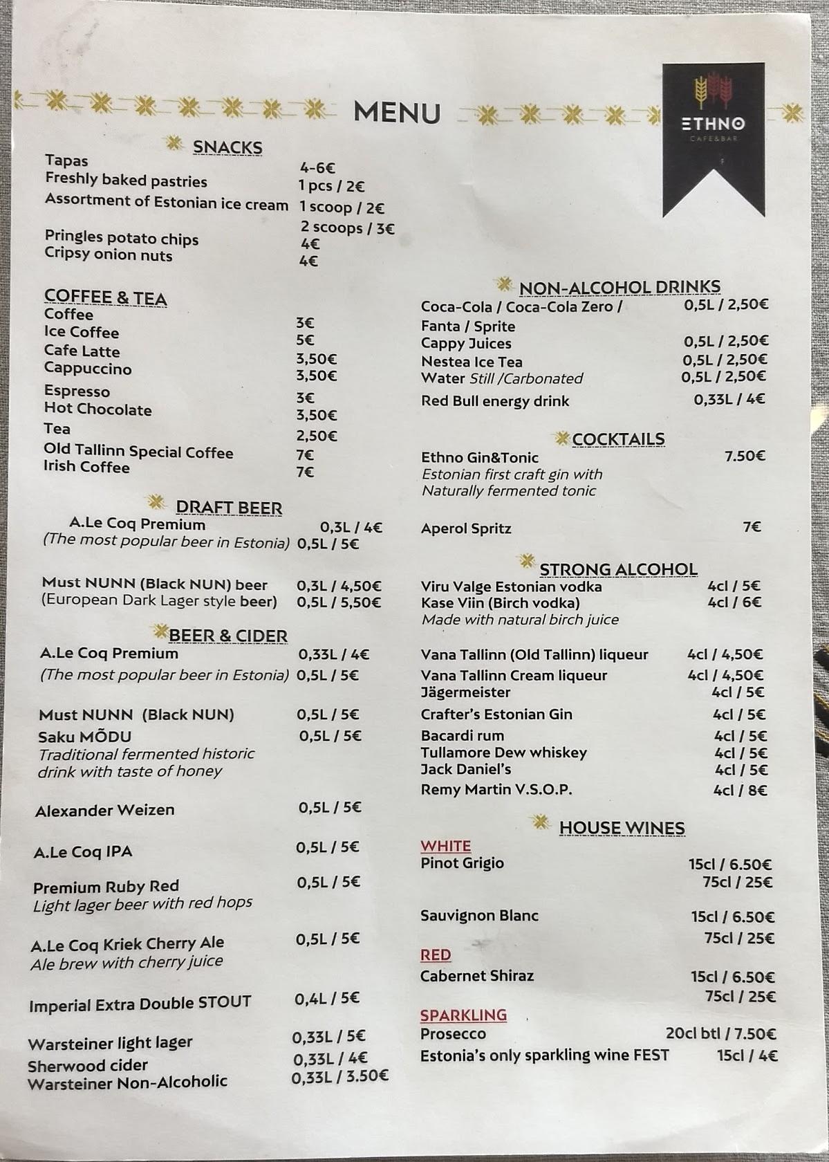 Menu at Ethno Cafe & Bar, Tallinn