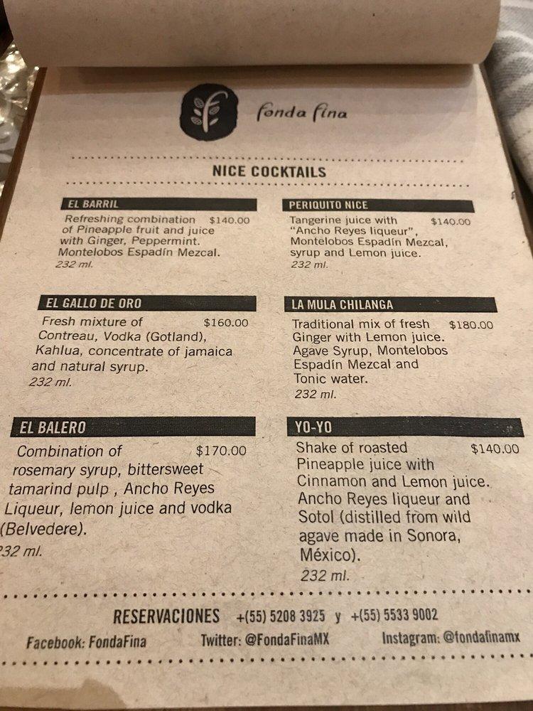 Menu at Fonda Fina restaurant, Ciudad López Mateos