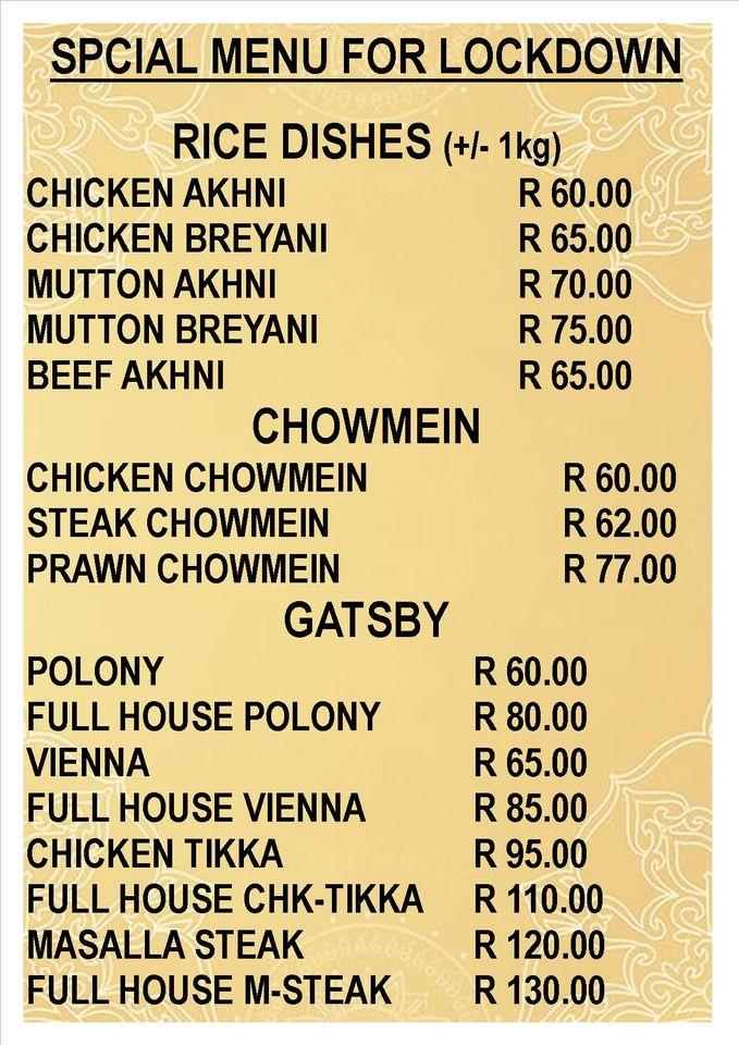 Menu at HOT STUFF Bayview restaurant, South Africa
