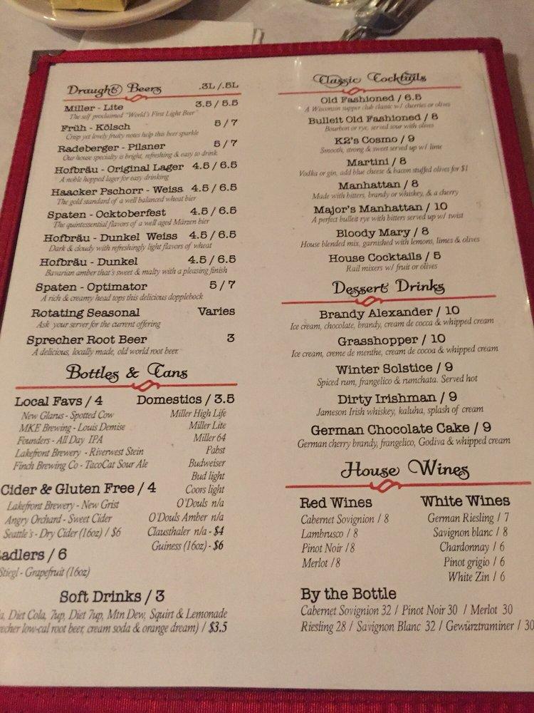 Menu at Kegel's Inn restaurant, West Allis