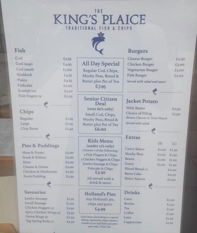 Carta de comida rápida The Kings Plaice, Southport