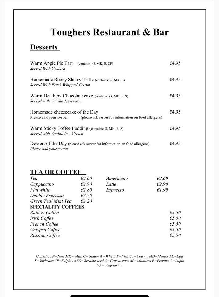 Menu at Tougher's Restaurant Carlow, Carlow