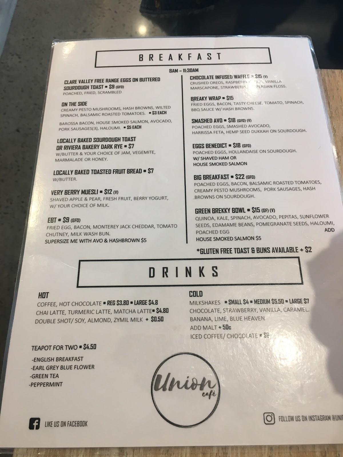Menu at Union Cafe, Robe