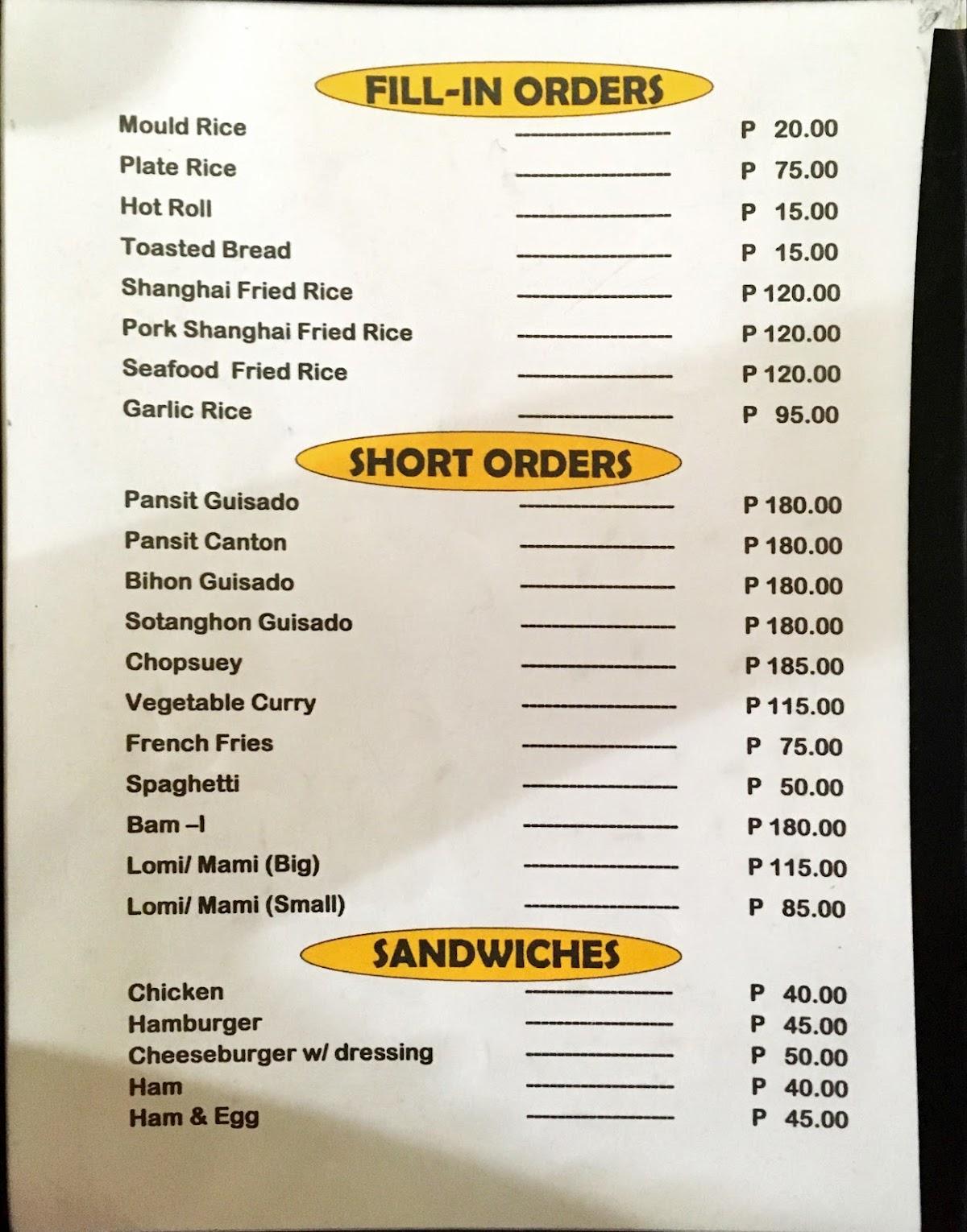 Menu at Zacky Fried Chicken restaurant, Zamboanga