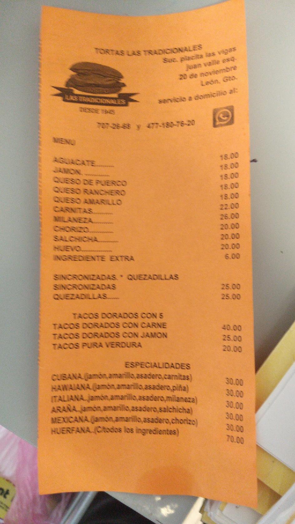 Menu at las tradicionales tortas restaurant, Leon