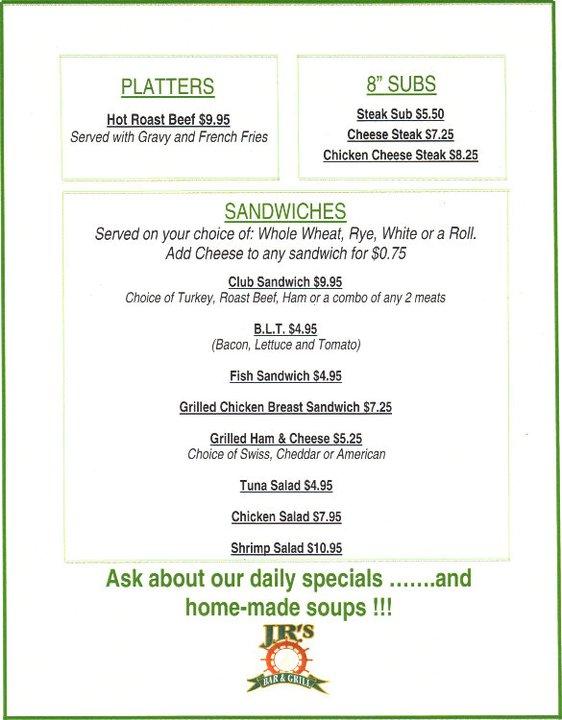 Menu at JR's Bar & Grill in Historic Locust Point, Baltimore