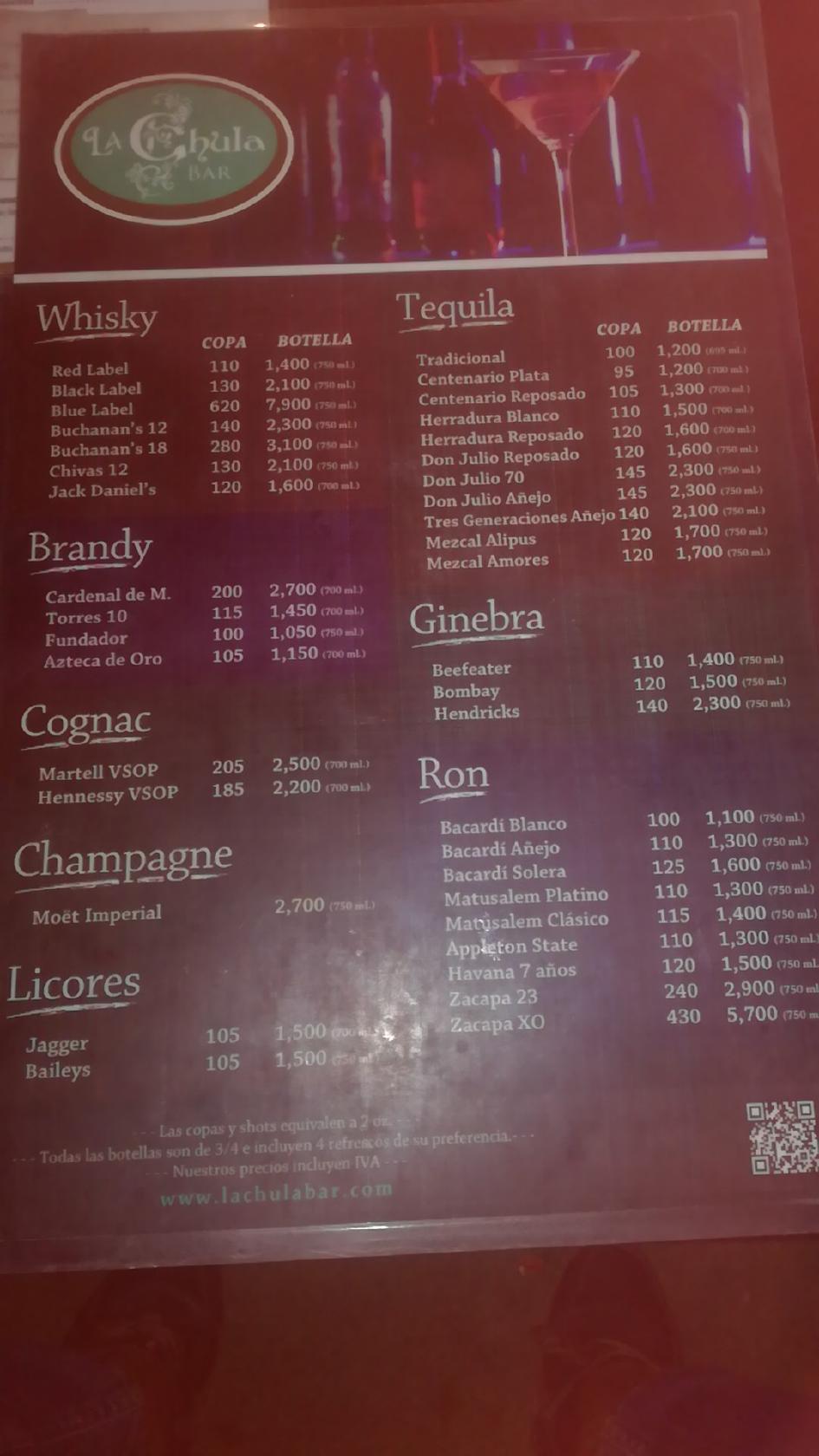 Menu at La Chula pub & bar, San Miguel de Allende, Umarán 10