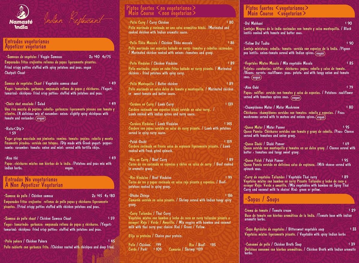 Menu at NAMASTE restaurant, Puerto Morelos, Calle Jose Maria Morelos SM ...