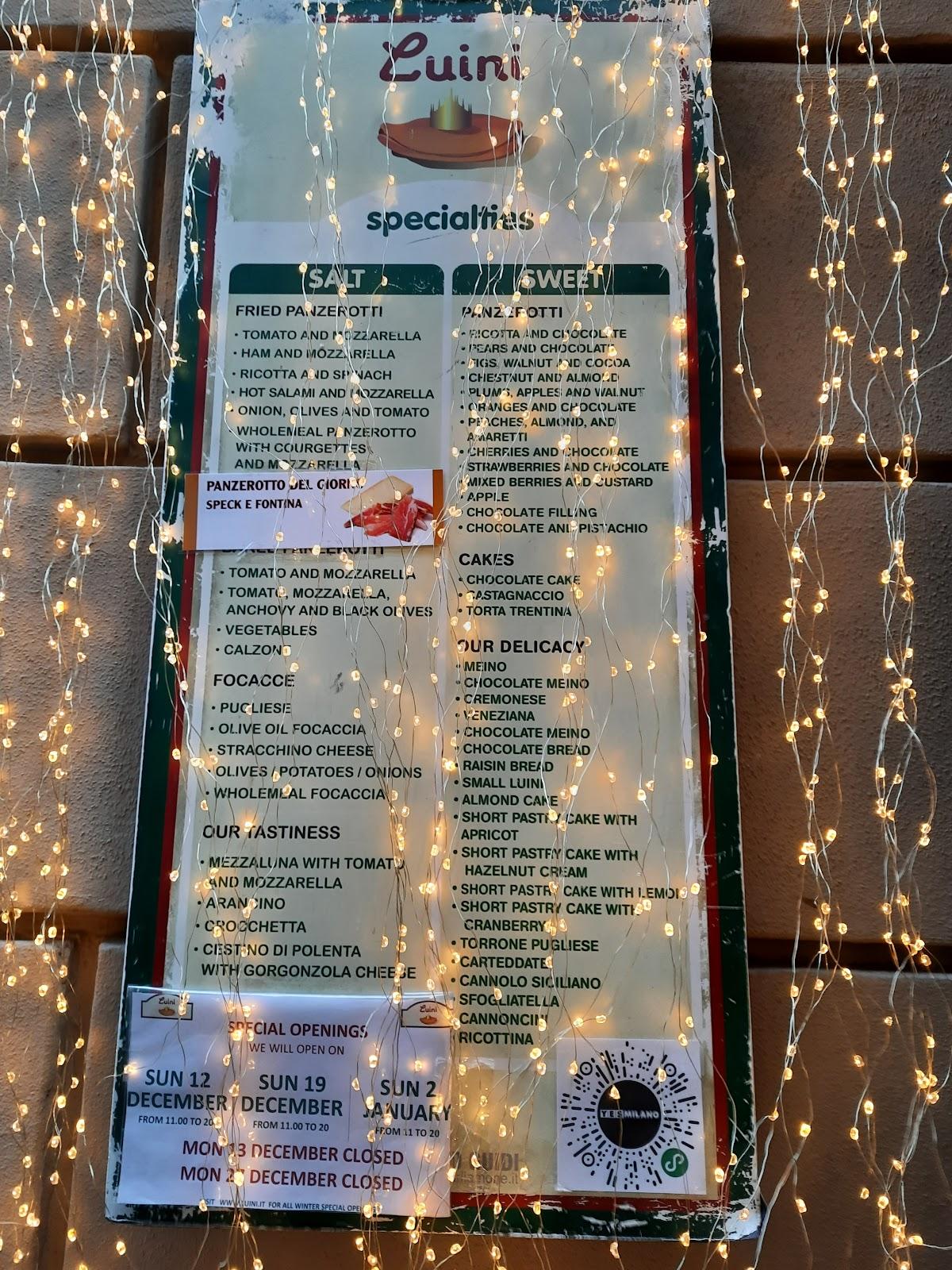 Menu at Panzerotti Luini fast food, Milan