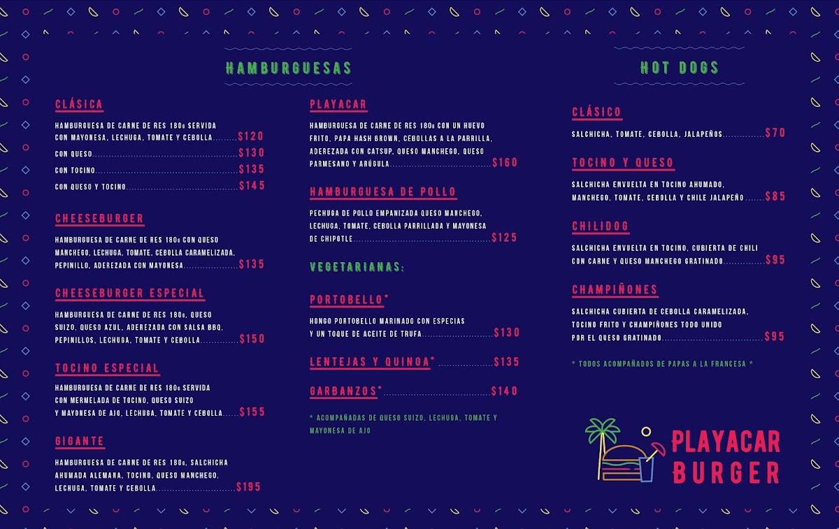 Menu at Playacar Burger restaurant, Playa del Carmen